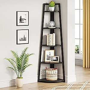Tribesigns 5 Tier Corner Bookshelf and Bookcase, 70 inch Tall Corner Shelves Rustic Corner Ladder Shelf Indoor Plant Stand for Living Room, Kitchen, Home Office (Black)