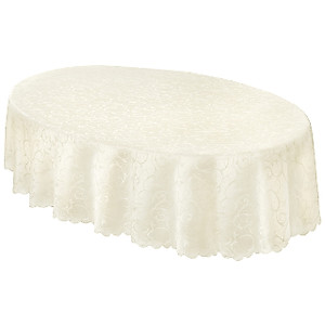 Newbridge Portofino Scalloped Damask Fabric Tablecloth, Wrinkle and Stain Resistant Fine Dining and Holiday Tablecloth, 60 Inch x 84 Inch Oval, Ivory