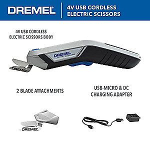 Dremel 4V Cordless Electric Scissors with USB Rechargeable Battery and Two Blade Attachments - Ideal for Cutting Cardboard, Fabric, and Paper, HSSC-01