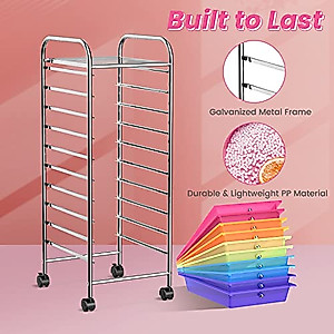 COSTWAY 10-Drawer Rolling Storage Cart, Utility Mobile Trolley with Removable Drawers & Universal Casters & 2 Brakes, Versatile Flexible Drawer Organizer Cart for Home, Office (Rainbow)