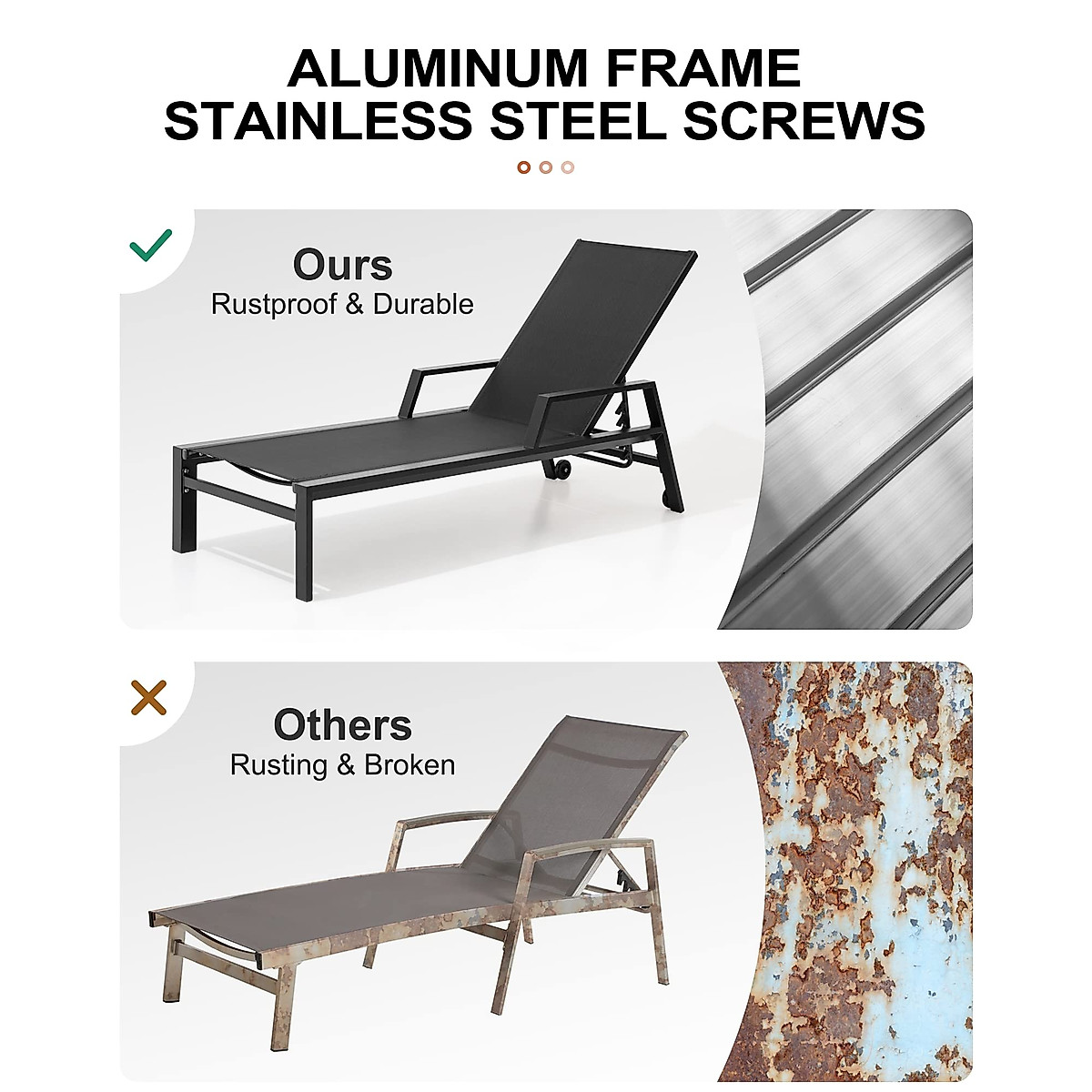 Crestlive Products Outdoor Lounge Chair with Wheels and Armrest, Extra Large Pool Lounge Chairs Set of 2, Aluminum with Adjustable 5 Backrest for Outside, Patio, Beach, Yard