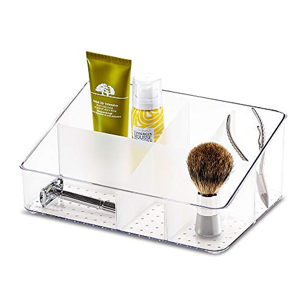 Madesmart 6-Compartment Angle Storage Bin for Bathroom Organization, Plastic Bathroom Storage Bin with Open Top Design, Frost