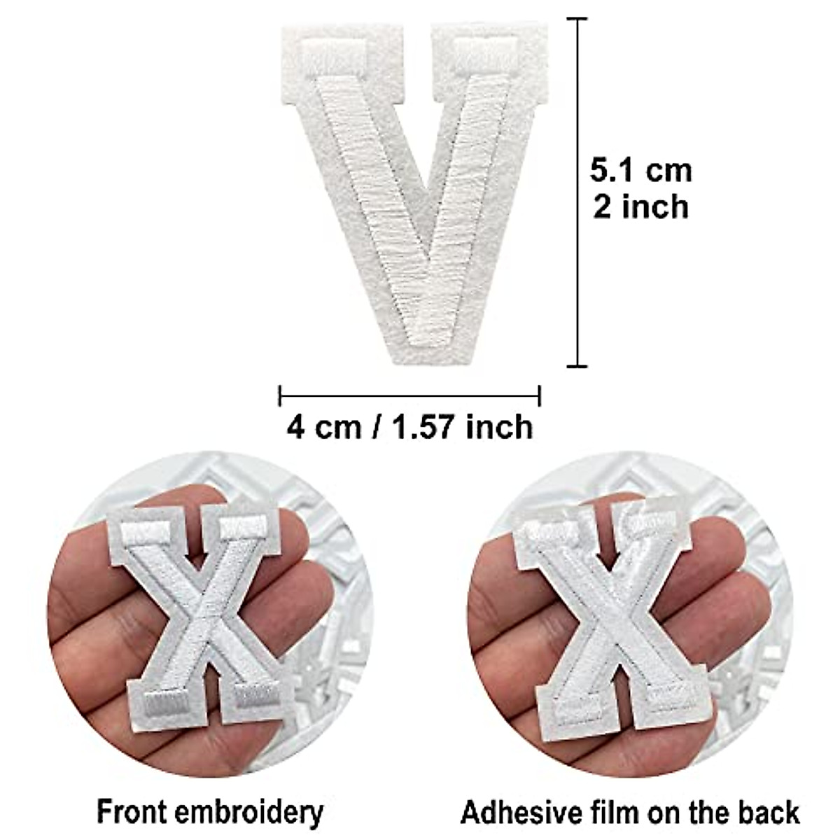 Jongdari Iron on Letters, 52 Pcs Alphabet Patches with Ironed Adhesive, Decorate Repair Patches for Shirts Jackets Hats Jeans Shoes Bags(White)