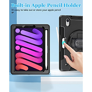 Case for iPad Mini 6 2021: Military Grade Shockproof TPU Protective Cover for Kids iPad Mini 6th Generation 8.3 Inch with Screen Protector- Stand + Handle + Shoulder Strap + Pencil Holder- Black