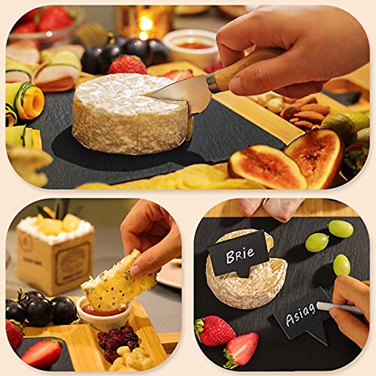 Easoger Large Charcuterie Board (28"×13"×1.6") with 2 Drawers, Bamboo Cheese Board with Knife Set, 2 Ceramic Bowl, Cutting Protection Natural Slate and Non-slip Feet, ideal for Housewarming Gift