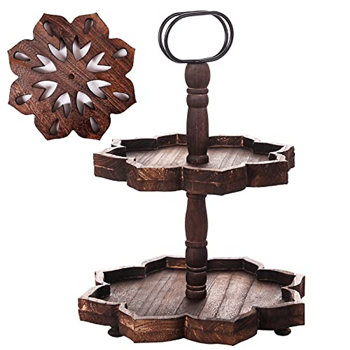 2 Tiered Tray Decorative Trays for Home Decor Farmhouse Tiered Tray Decor Tiered Serving Tray with Coaster Round Trays Home Decor,Cupcake Organizer with Metal Handle