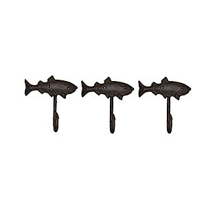 Fish Wall Coat Hooks - Set of 3 - Cast Iron Hangers for Coats, Aprons, Hats, Towels, Pot Holders, More