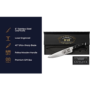 Birthday Gift BEST DAD - Premium Chef Knife Gift - 8 in. Stainless Carbon Steel Kitchen Knive w/Pakka Wood Handle - Father's Day, Christmas, Housewarming, Anniversary, Holiday Gifts by CutLinx