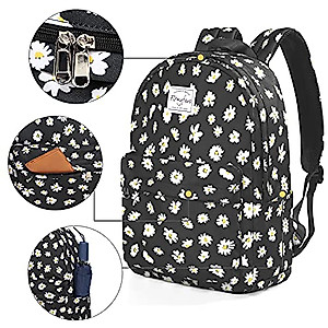 Fitmyfavo Black Daisy Daisy Printed Girl's Waterproof Laptop Backpack for Elementary to High School Students (15L, 14" Laptop Compatible, Large, Black Daisy)
