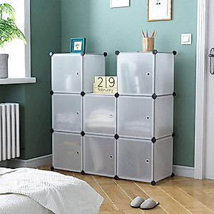 C&AHOME Cube Storage with Doors, 9 Cubes Storage Organizer, Plastic Closet Cabinet, Modular Book Shelf Units, Storage Shelves, Ideal for Office, Home, 36.6”L x 12.4”W x 36.6”H Translucent White