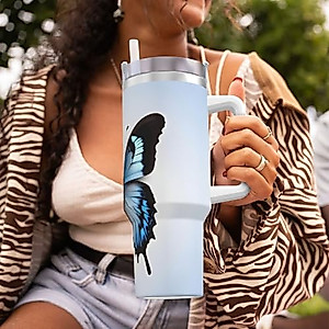 HULIBIN Blue Butterfly Print Double Deck Stainless Steel Travel Coffee Cup With Lid 40 Oz Ice Bully Cup