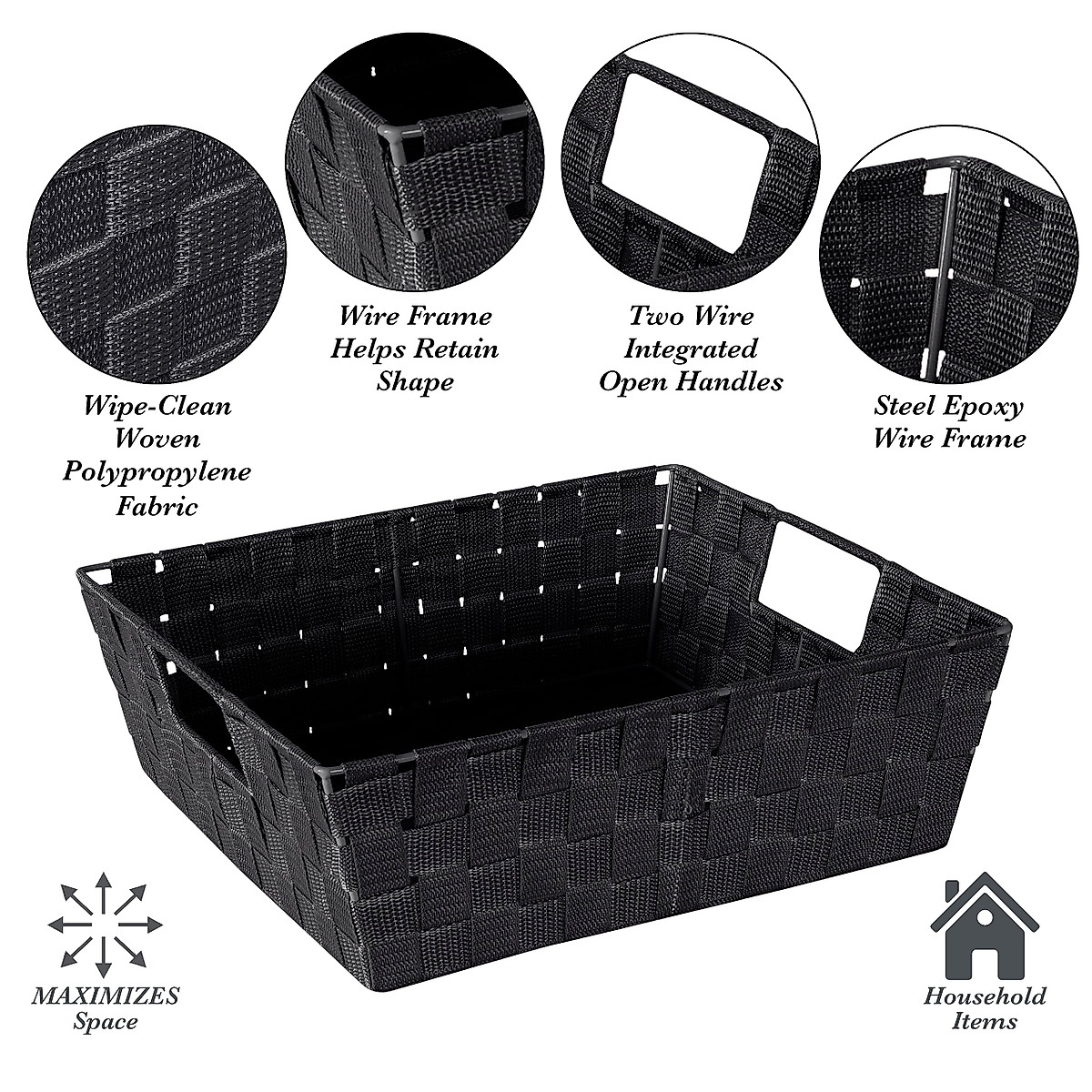 Simplify Large Shelf Woven Strap Tote | Decorative Storage Basket | Built in Handles | Organization | Closet | Bedroom | Bathroom | Nursery | Accessories | Toys | Gifts | 2 Pack | Black