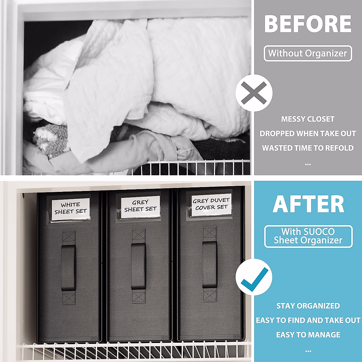 SheetCube Bed Sheet Organizers and Storage 4 Pack, Foldable Linen Closet Organizer, Bedding Folder Storage Box Container for Blanket, Duvet Cover Set, Bed Sheet Set - Black