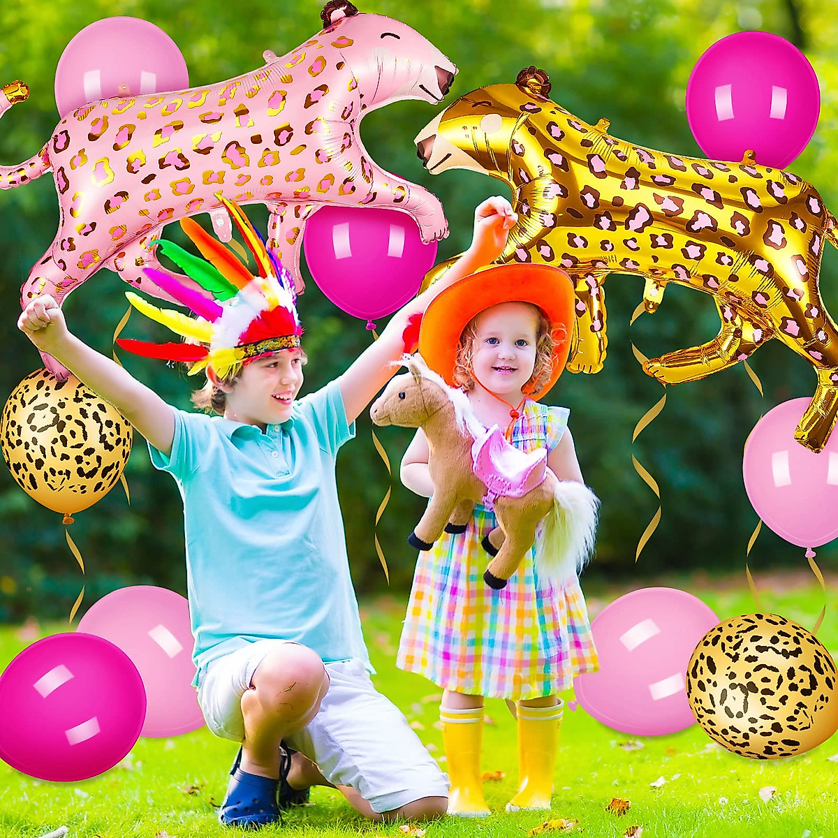 45 Pcs Safari Party Balloons Include 40 Pcs Cheetah Print Pink Latex Balloons and Ribbon 4 Pcs Leopard Balloons Jungle Animal Foil Balloons for Wild Zoo Jungle Theme Baby Shower Birthday Party Decor
