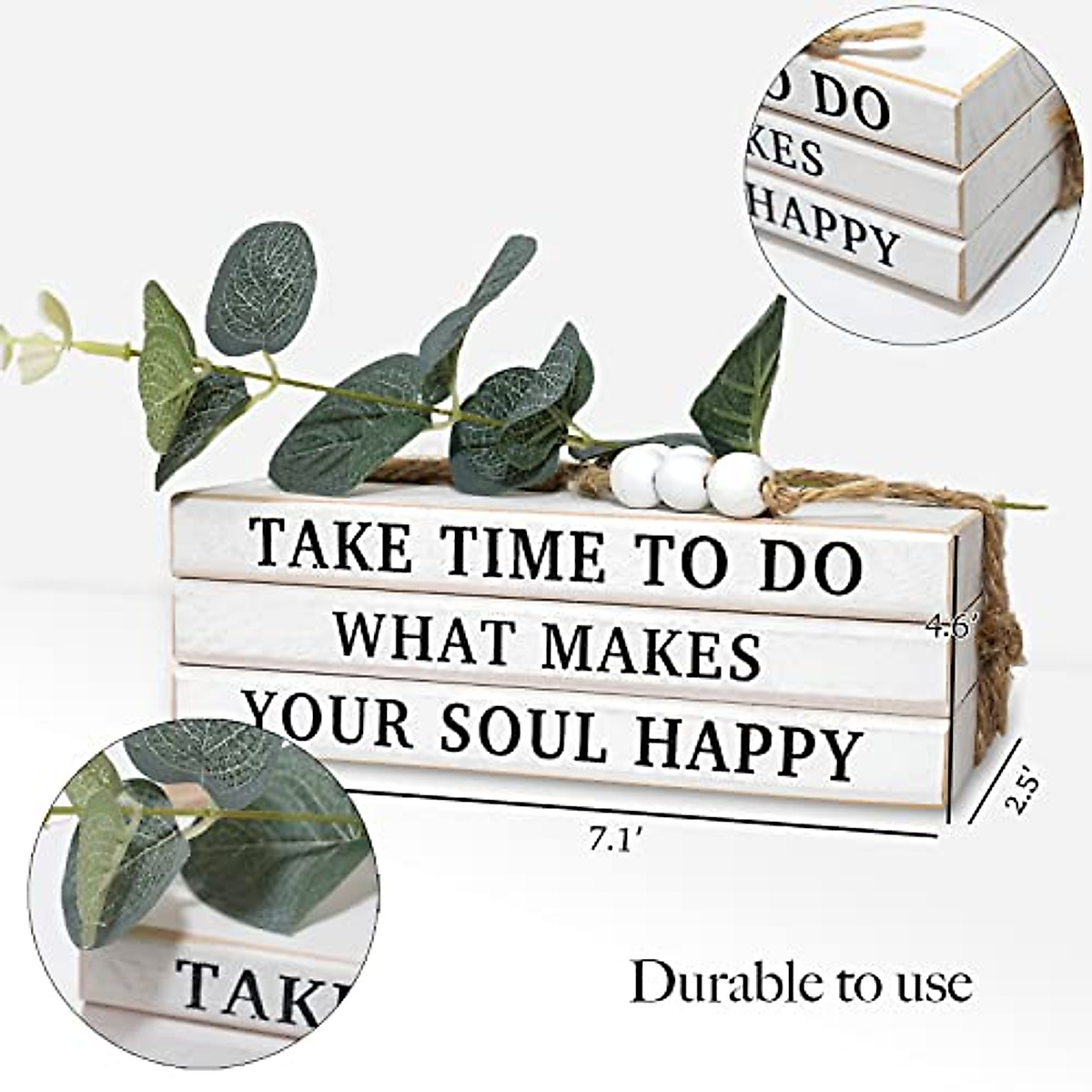 3 Pieces Wooden Decorative White Books, Rustic Farmhouse Book Stack, Faux Books for Coffee Table Shelves with Wood Bead Tassels and Leaves, for Modern Home Decor, 7'x 4.6'x 2.5'