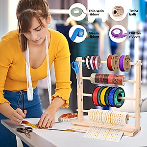 Ribbon Storage Organizer Rack 4 Tier Adjustable Wooden Ribbon Holder Spool Holder Organizer Rack Spool for Sewing Craft Mesh Thread Tape Wreath Crochet Roll Washi Tape Craft Gift Florist Wrapping