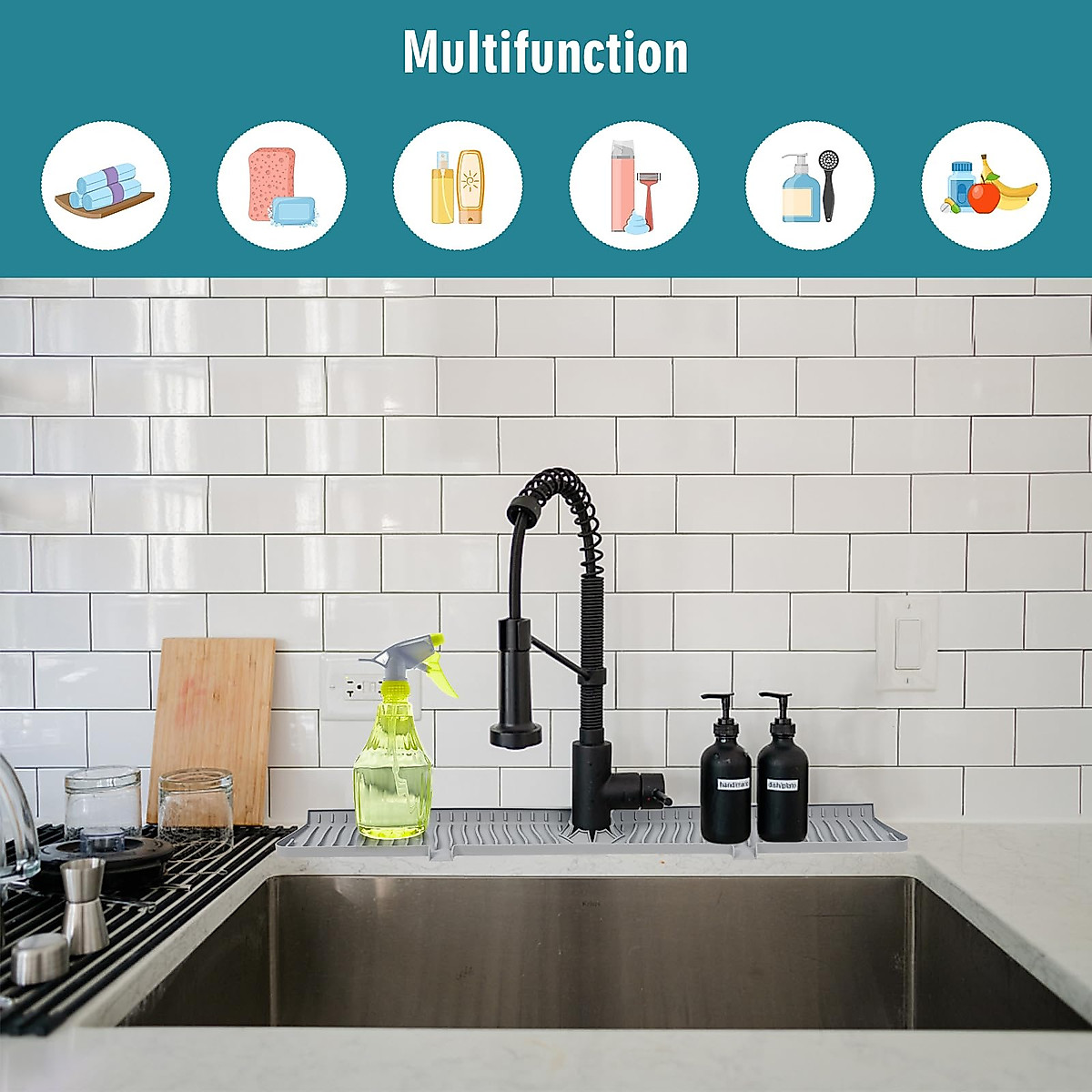 30 inch Kitchen Sink Splash Guard, Faucet Splash Guard, Kitchen Faucet Mat, Longer Silicone Sink Mat for Kitchen Counter, Bathroom, Farmhouse, Drip Protector Splash Countertop (Gray)