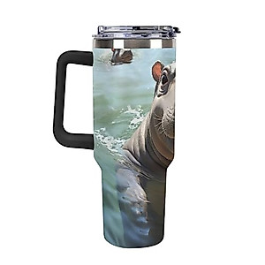 YTLKGFP 40 Oz Large Capacity Car Cup Cute Hippos Tumbler with Handle (Black) Straw Lid Insulated Stainless Steel Water Bottle Travel Mug Leak-proof Car Cup Keeps Cold Or Hot