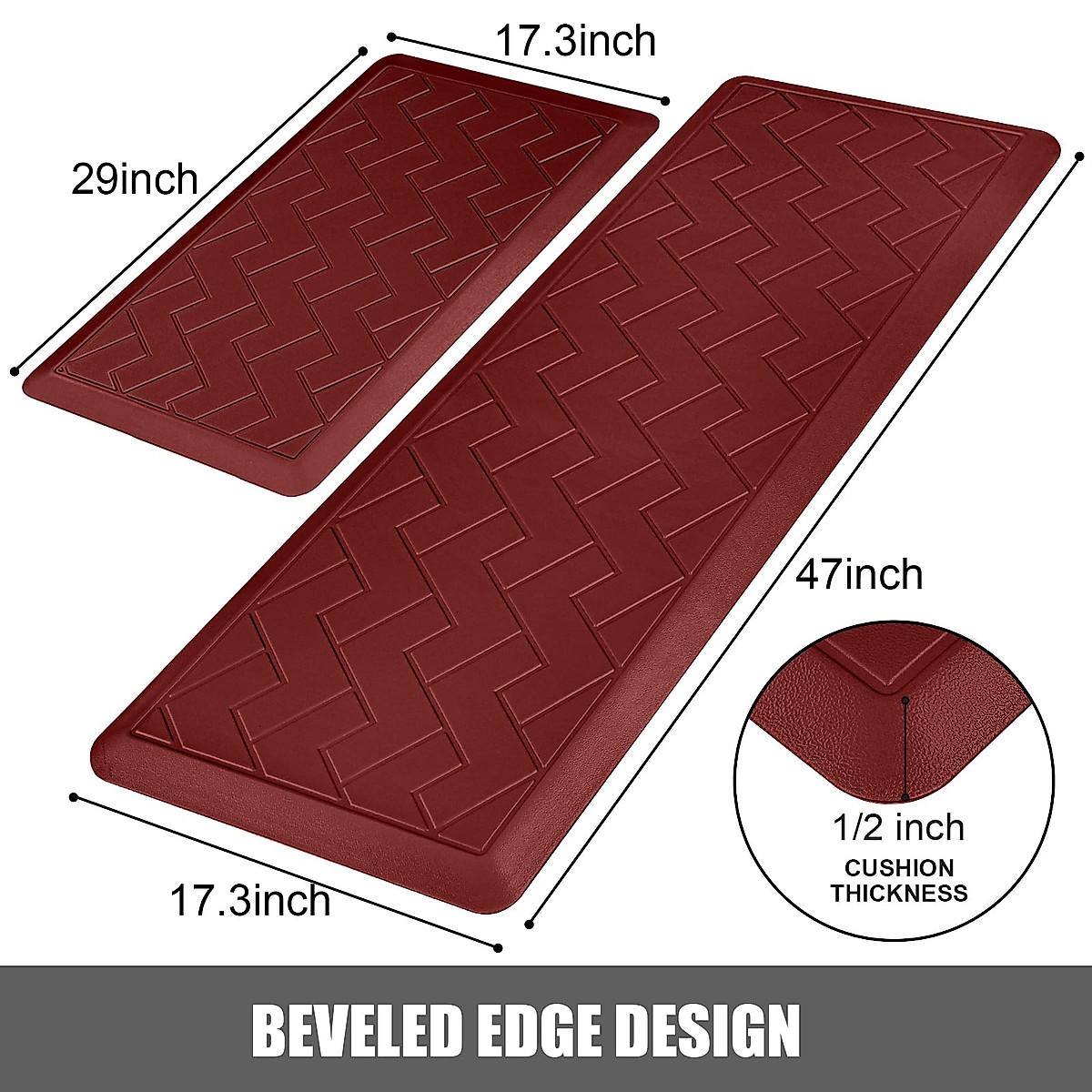WEZVIX Non-Skid Kitchen Rugs and Mats Waterproof, Anti Fatigue Kitchen Mat 2 PCS, 1/2 Inch Thick Kitchen Floor Mat, Ergonomic Comfort Foam Standing Mat for Floor, Office, Sink, Laundry - Red