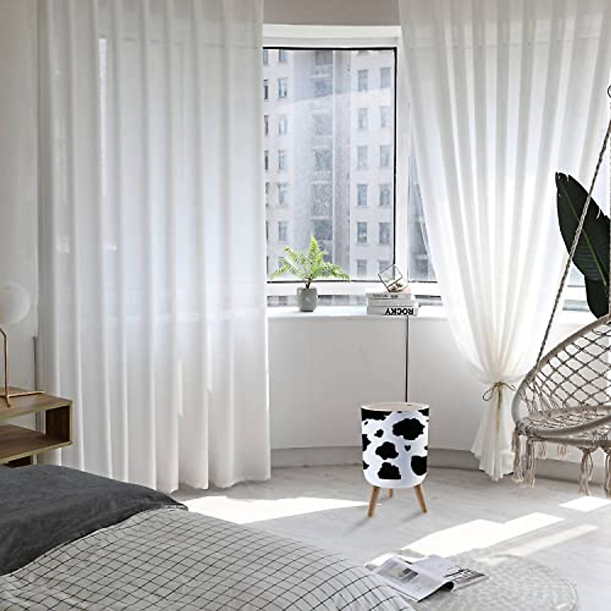 IBPNKFAZ89 Small Trash Can with Lid Black and White Cow Print Seamless from The Country Sunflower Garbage Bin Wood Waste Bin Press Cover Round Wastebasket for Bathroom Bedroom Kitchen 7L/1.8 Gallon