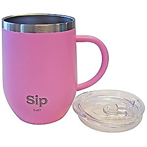 PINK SIP EAZY'S 12oz 18/8 StainlessSteel Insulated Cup, Handle & Lid - Keeps your Drinks Hot up to 6 hours Cold up to 24hour - Coffee, Tea, Beer, Water, Wine - Arrives Boxed for easy Gifting!