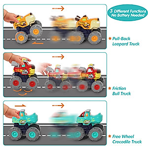 BABYFUNY 3 Pack Cars Toys for 1 Year Old Boy - Baby Monster Trucks Toy Cars for 2 Year Old Boys Dinosaur Toddler Trucks Toys, Pull Back Cars 1 2 3 Year Old Boy Gifts
