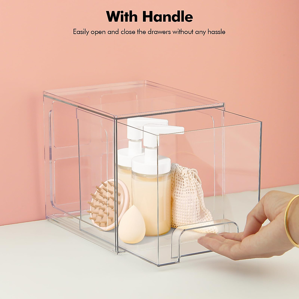 Lunhoo Stackable Storage Drawers, Makeup Organizer with Handle, Clear Storage Bins for Bathroom, Bedroom, Under-sink, Pantry (Transparent)