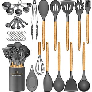 Kitchen Utensils Set, 33 pcs Non-Stick Silicone Cooking Utensils Set, Heat-Resistant Silicone, Wooden Utensils for Cooking, Kitchen Gadgets Spatula Set, Apartment Essentials Kitchen Set (Charcoal)
