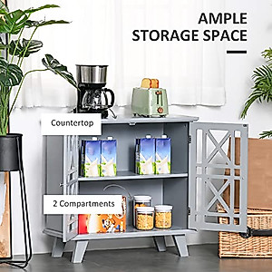 HOMCOM Sideboard Buffet Cabinet, Kitchen Storage Cabinet, Accent Cabinet with Double Fretwork Doors and Metal Handles for Living Room, Gray