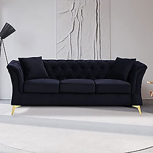 kevinplus 84'' Chesterfield Sofa Couch for Living Room, Modern Velvet 3-Seat Upholstered Sofa Couch for Apartment Bedroom Dorm Office, Strong Gold Metal Legs, 2 Pillows, Black
