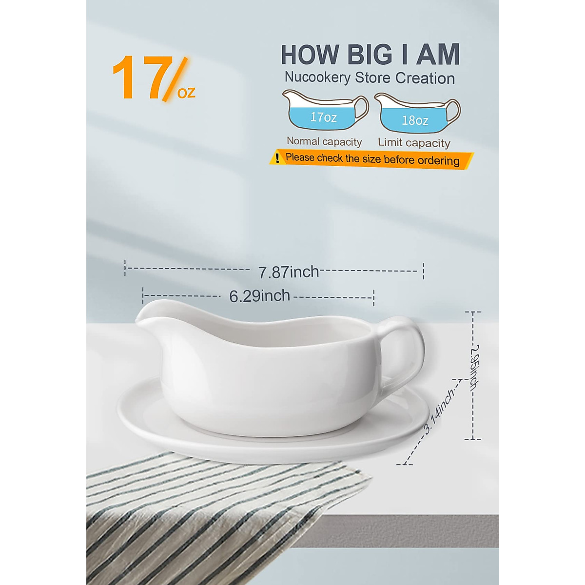 Nucookery Large 17 Oz Gravy Boat and Tray | Ergonomic Handle | White Fine Porcelain Saucier With Big Dripless Lip Spout For Gravy, Warming Sauces, Salad Dressings, Milk | Microwave & Freezer Safe