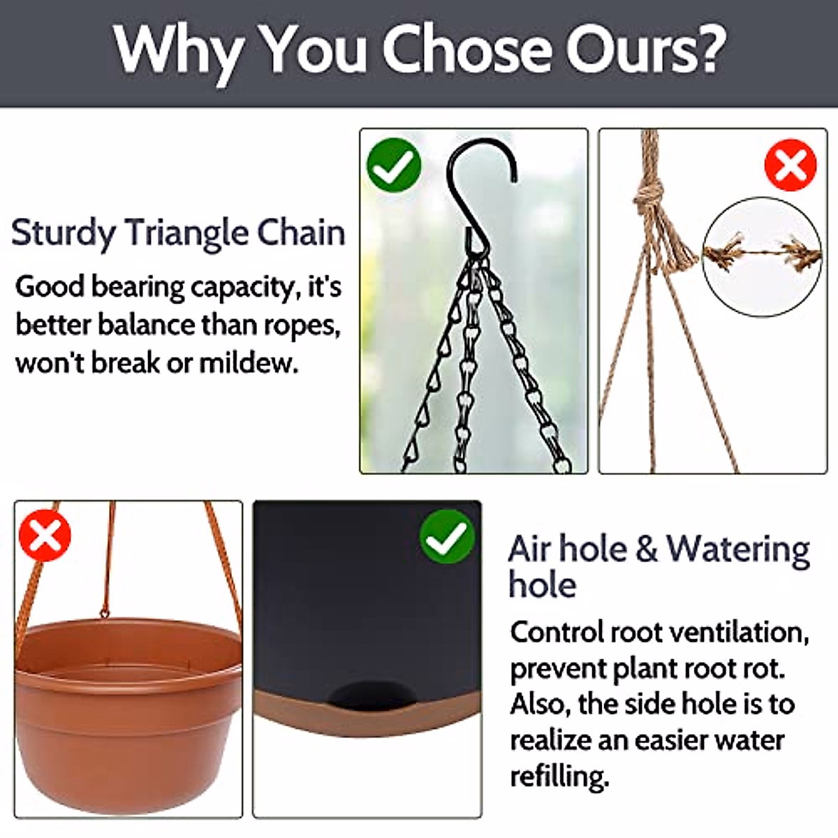 EURCRBU 2 Pack Hanging Planters for Outdoor Indoor Plants, 10 Inch Plastic Outdoor Hanging Planter, Hanging Flower Pots for outside with Drainage Holes & Removable Saucer for Garden Home (Dark Grey)