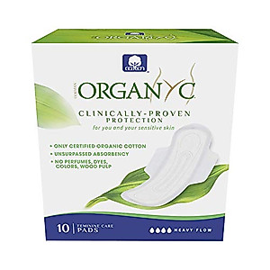 Organyc 100% Certified Organic Cotton Feminine Pads, Sanitary Napkin, Heavy Flow, 10 Count