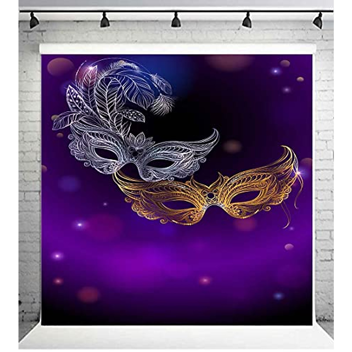 PHMOJEN Prom 2023 Backdrop Gold and Silver Mask Masquerade Violet Photo Backdrop for Graduation Prom Party Decor, Polyester 10x10ft Dress-up Party School Dance Backdrop Photo Studio Props BJLSPH1431