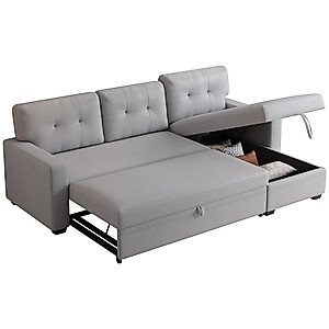 Acosure 82" Sectional Sleeper Sofa with Storage Chaise & Pull-Out Bed,L-Shape Convertible 3 Seater Couch W/Tufted Backrest,Reversible Sleeper for Living Room Apartment Office,Light Gray