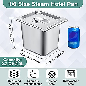 8 Pack Stainless Steam Hotel Pan 6 Deep Steam Table Pan with Lid 0.8 mm Thick Stainless Steel Steam Pan Restaurant Anti Clogging Steamer for Party, Restaurant, Hotel (1/6 Size)