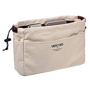 Vercord Canvas Handbag Organizers, Sturdy Purse Insert Organizer Bag in Bag, 10 Pockets Beige Small