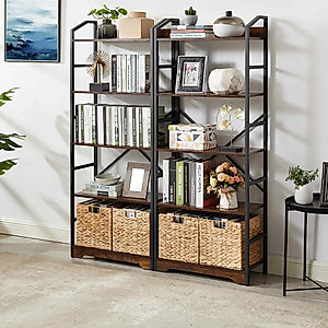 Vagusicc 5 Tier Bookshelf with 2 Storage Baskets, Tall Bookcase Shelf Storage Organizer Wood Book Shelf, Modern Shelf Rack Shelves with Steel Frame, Multipurpose Bookshelf for Bedroom Living Room