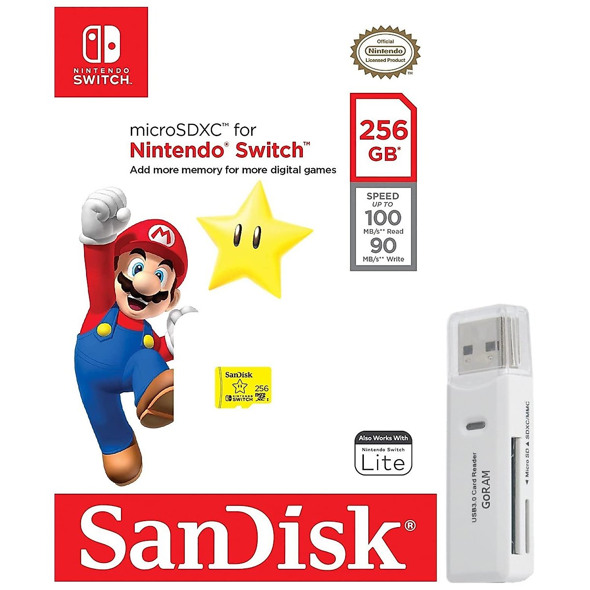 SanDisk 256GB MicroSD Nintendo Switch Micro SDXC Memory Card for Switch & Switch Lite SDSQXAO-256G Super Mario Star Design Bundle with (1) GoRAM Card Reader (256GB, 1 Pack)
