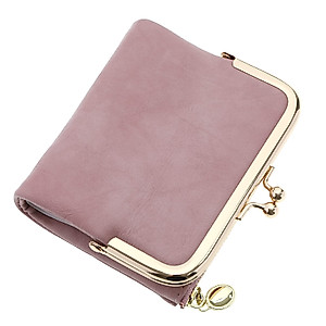 Micro Traders Women Wallet PU Leather Bifold Purse with Zipper and Kiss Lock Bank Card Storage Bag Vintage Small Compact Multifunctional Coin Pocket 12x10cm Pink