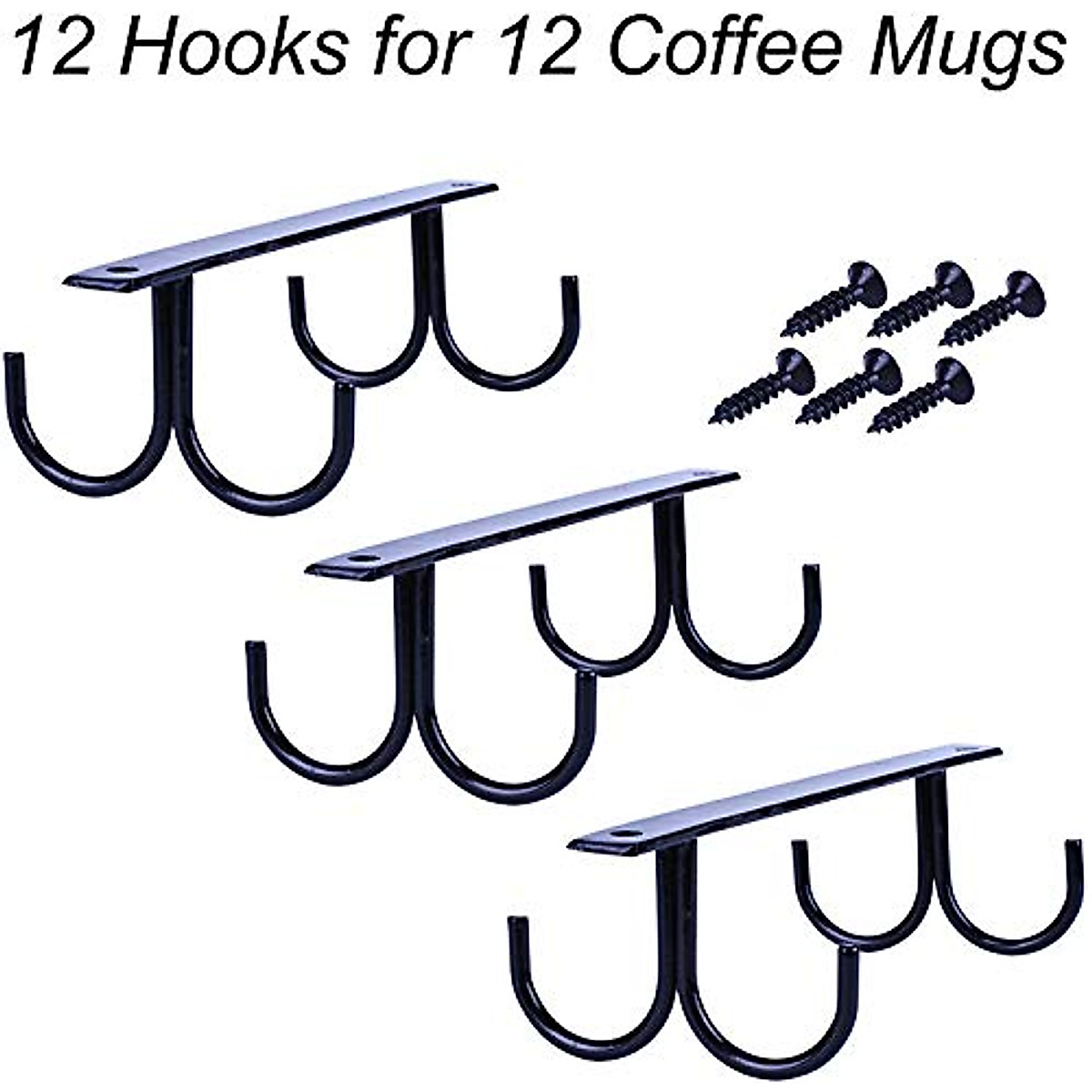 FOLOU Under Cabinet Mug Rack, Rustic Mug Organizer Rack Cup Holder Under Shelf 12 Hanging Hooks Rack for Mugs, Coffee Cups and Kitchen Utensils Display (Black 3 Pack 12 Hooks)