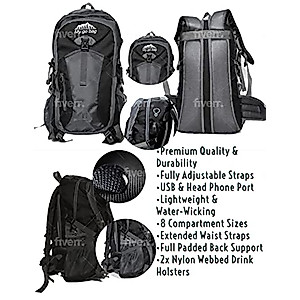 My go bag Premium Hiking Backpack (40 L) For Outdoor Sports, Travel, Camping, Climbing, School - Lightweight Laptop Backpack For Men & Women - Daypack With USB Charging Port & Waist Strap - Black/Gray