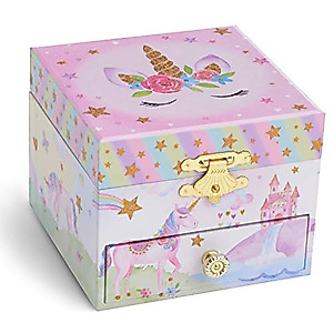 Jewelkeeper Girl's Musical Jewelry Storage Box with Spinning Unicorn & Pullout Drawer, Glitter Rainbow and Stars Design, The Unicorn Tune - Ideal Gift for Girls