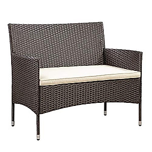 Amazon Basics Outdoor Patio Garden Faux Wicker Rattan Chair Conversation Set with Cushion - 4-Piece Set, Brown