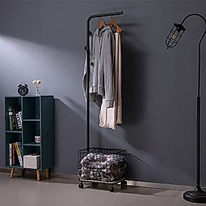 DOEWORKS L-Style Laundry Rolling Basket Cart with Clothes Hanging Bulter and Wheels, Laundry Hamper Sorter for Lavatory with Hanging Bar, Black