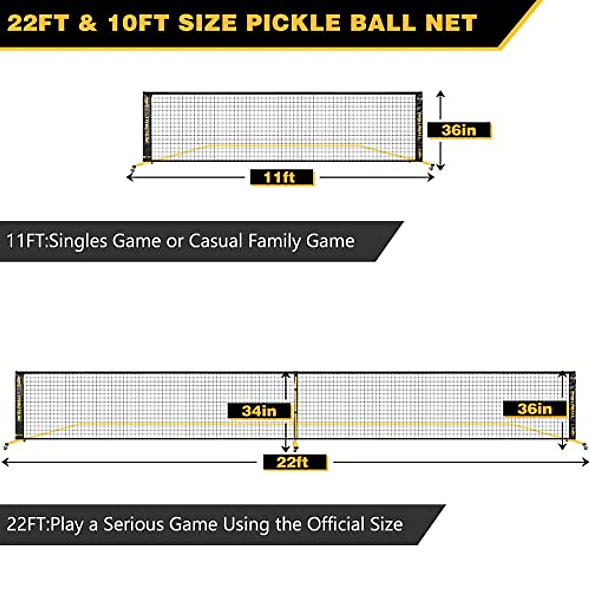 Fostoy Portable Pickleball Net with Wheels, Regulation Size 22 FT & Half Court 11 FT, 18-Ply PE Nets, Steady Metal Frame for All-Weather Resistant Play in Backyards, Driveways, and Garages