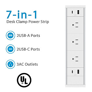 Desk Clamp Power Strip, 1875W Desktop Power Strip for Desk Edge Mount, 2 USB A, 2 USB C Ports, 3 AC Outlets Widely Spaced Desk Outlet Station, Fast Charging Ports, Table Desk Outlet for Home, Office.