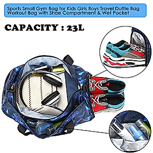 Kids Duffle Bag Boys Girls Overnighter Travel Sport Gym Bag Weekender Carry On Shoulder Bag with Shoe Compartment & Wet Pocket (Football Black Blue)