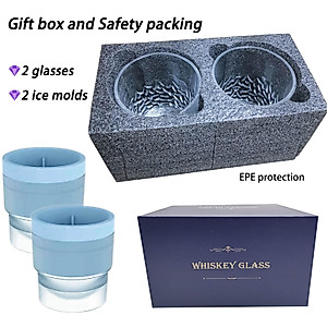 Whiskey Glasses,4-piece set (2 Crystal Glasses, 2 Round Ice Ball Molds) In Gift Box, 10 oz Old Fashioned,2.5 Inches Sphere Ice Ball,Cocktails,Brandy,Whiskey Gift for Men at Home Bar