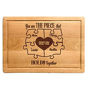 Mothers Day Gifts for Mom, Personalized Mom Puzzle Cutting Board with Custom Kids Names, Personalized Gifts for Mothers, Mom Cutting Board for Birthday, Christmas, Grandma Gifts from Grandkids